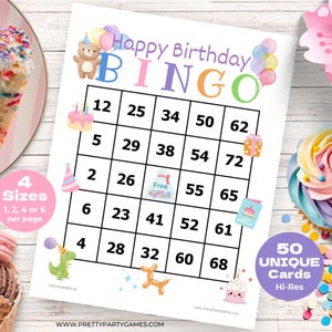 50 Printable Happy Birthday Bingo Cards With Numbers, Cute Kids Bingo ...