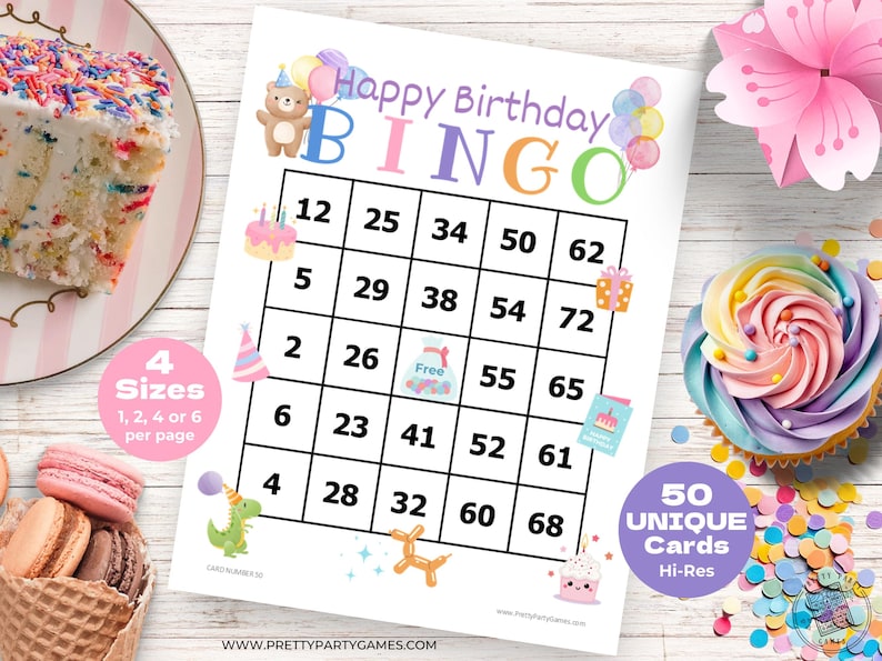 50 Printable Happy Birthday Bingo Cards With Numbers, Cute Kids Bingo ...