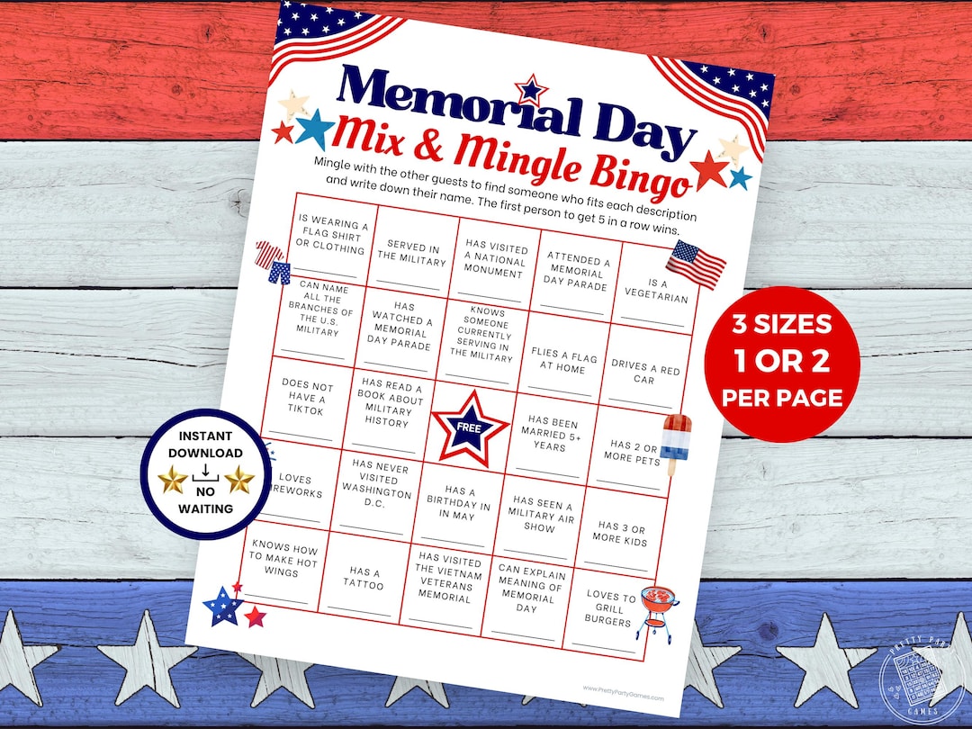 Memorial Day Mix & Mingle Bingo, Printable Party Games for Groups ...