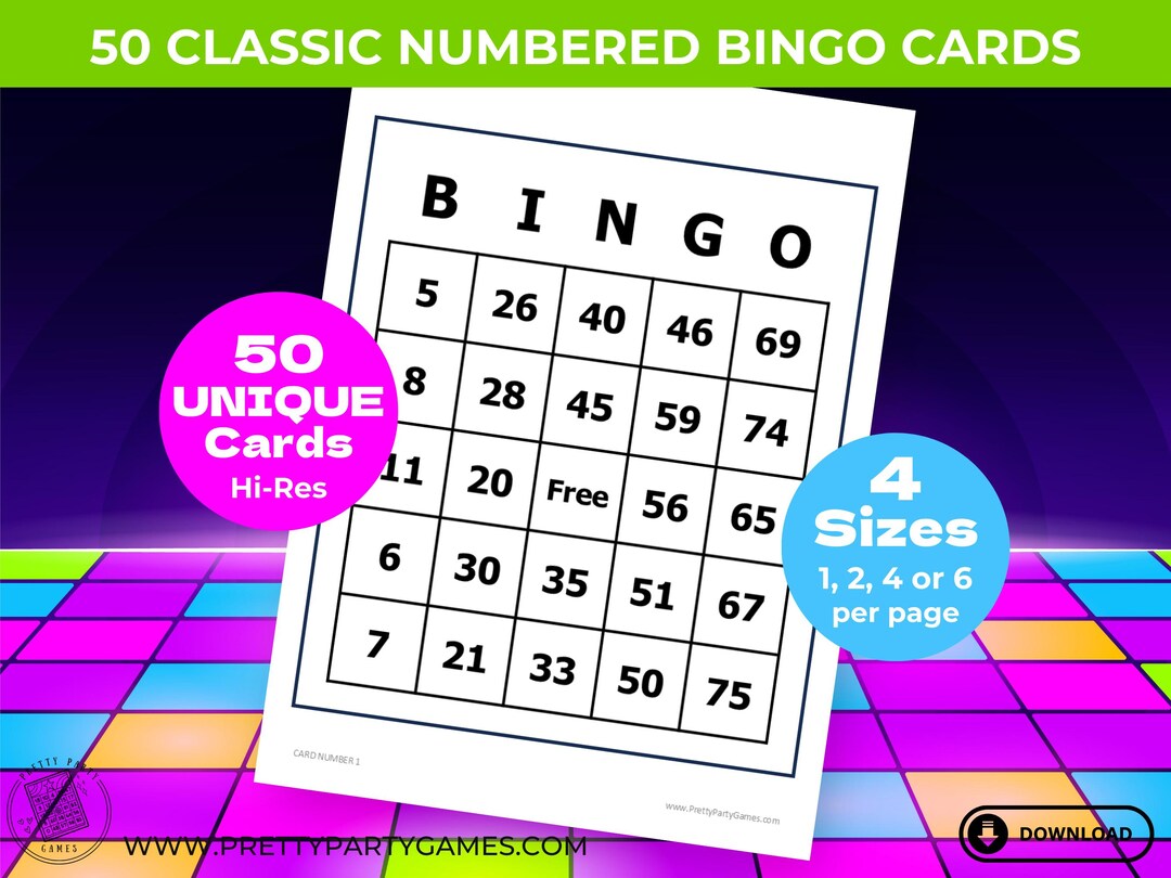 50 Classic Bingo Cards With Numbers 1-75, 4 Sizes: 1, 2, 4 or 6 per ...