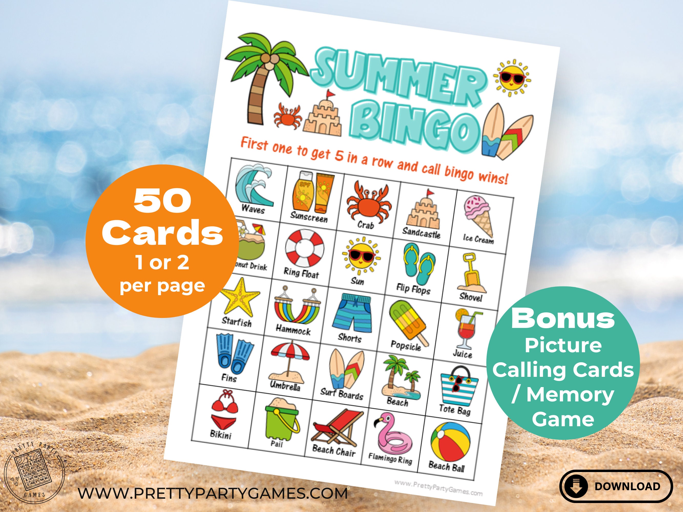 50 Beach Party Bingo Cards, Pool Party Bingo Game Printable, Summer ...