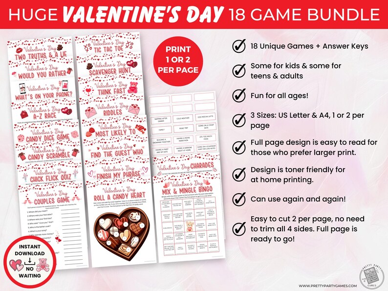 18 Printable Valentines Day Games Bundle, Great for Classroom Work ...