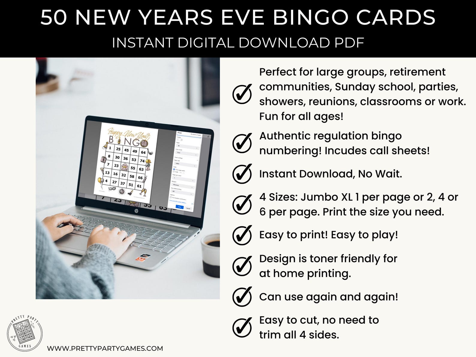 50 Printable New Years Eve Bingo Cards With Numbers, New Years Bingo ...