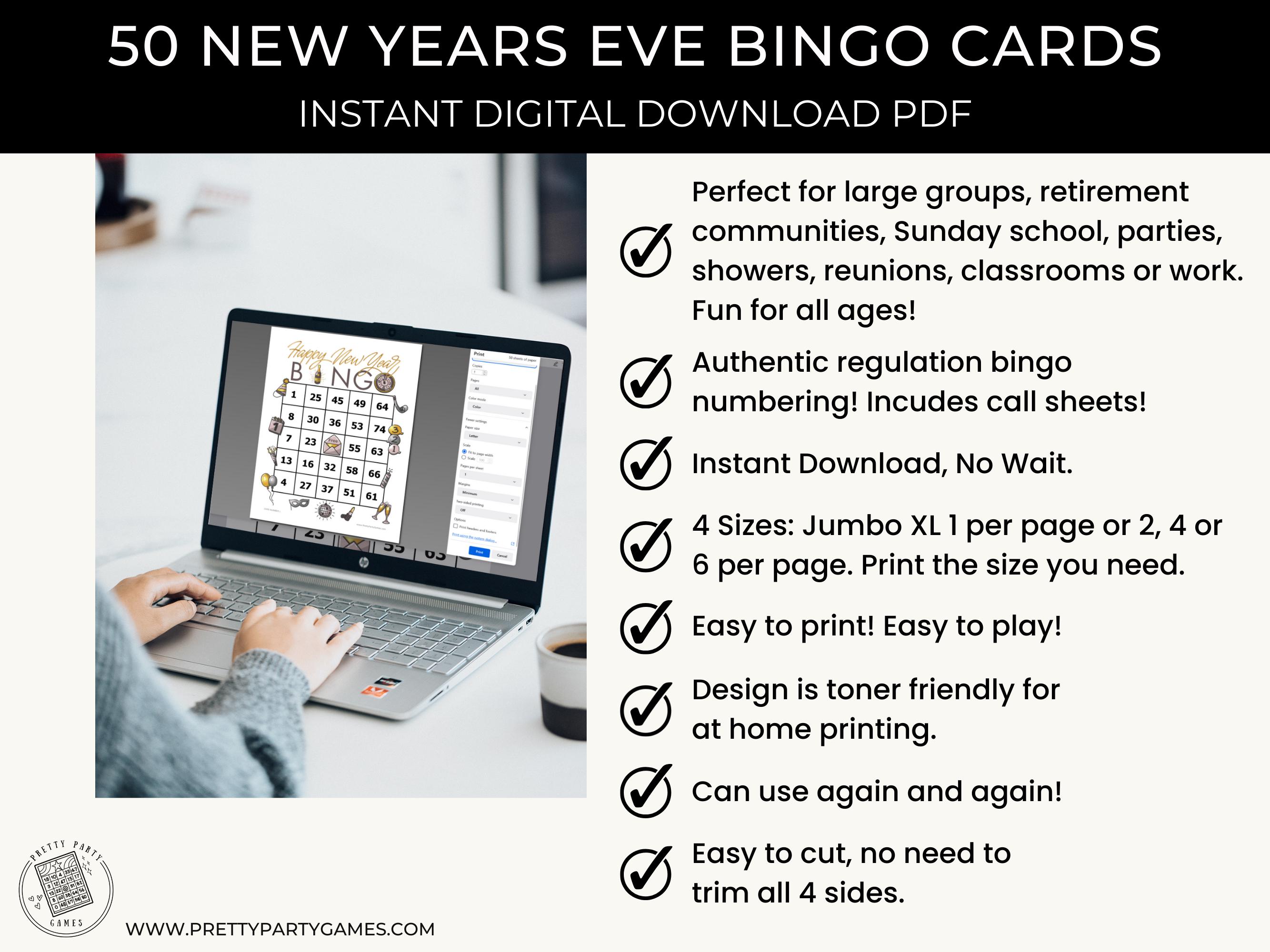50 Printable New Years Eve Bingo Cards With Numbers, New Years Bingo ...
