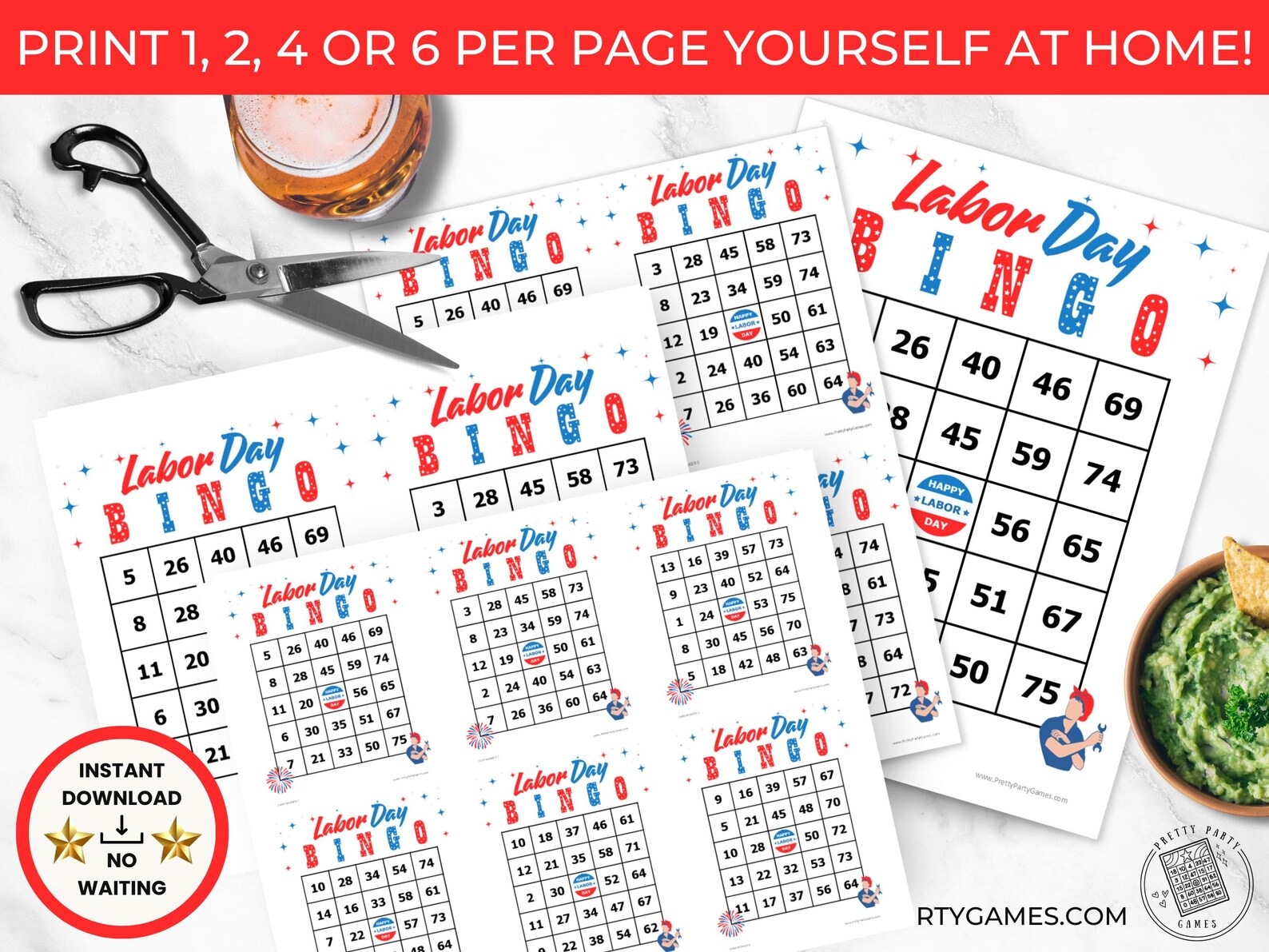50 Labor Day Bingo Cards With Numbers, 4 Sizes: 1, 2, 4 or 6 per Page ...
