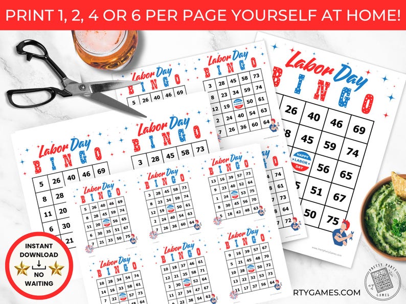 50 Labor Day Bingo Cards With Numbers, 4 Sizes: 1, 2, 4 or 6 per Page ...