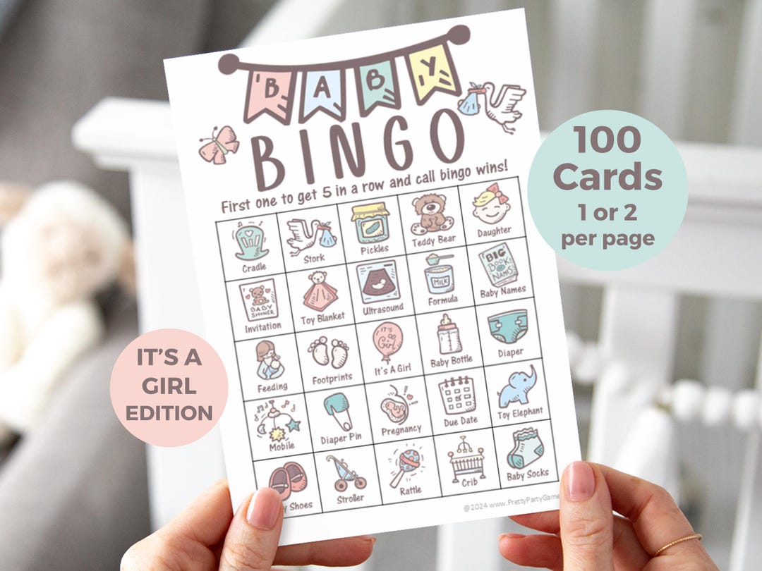 100 Girl Baby Shower Bingo With Pictures, Printable Bingo Cards, It's a ...