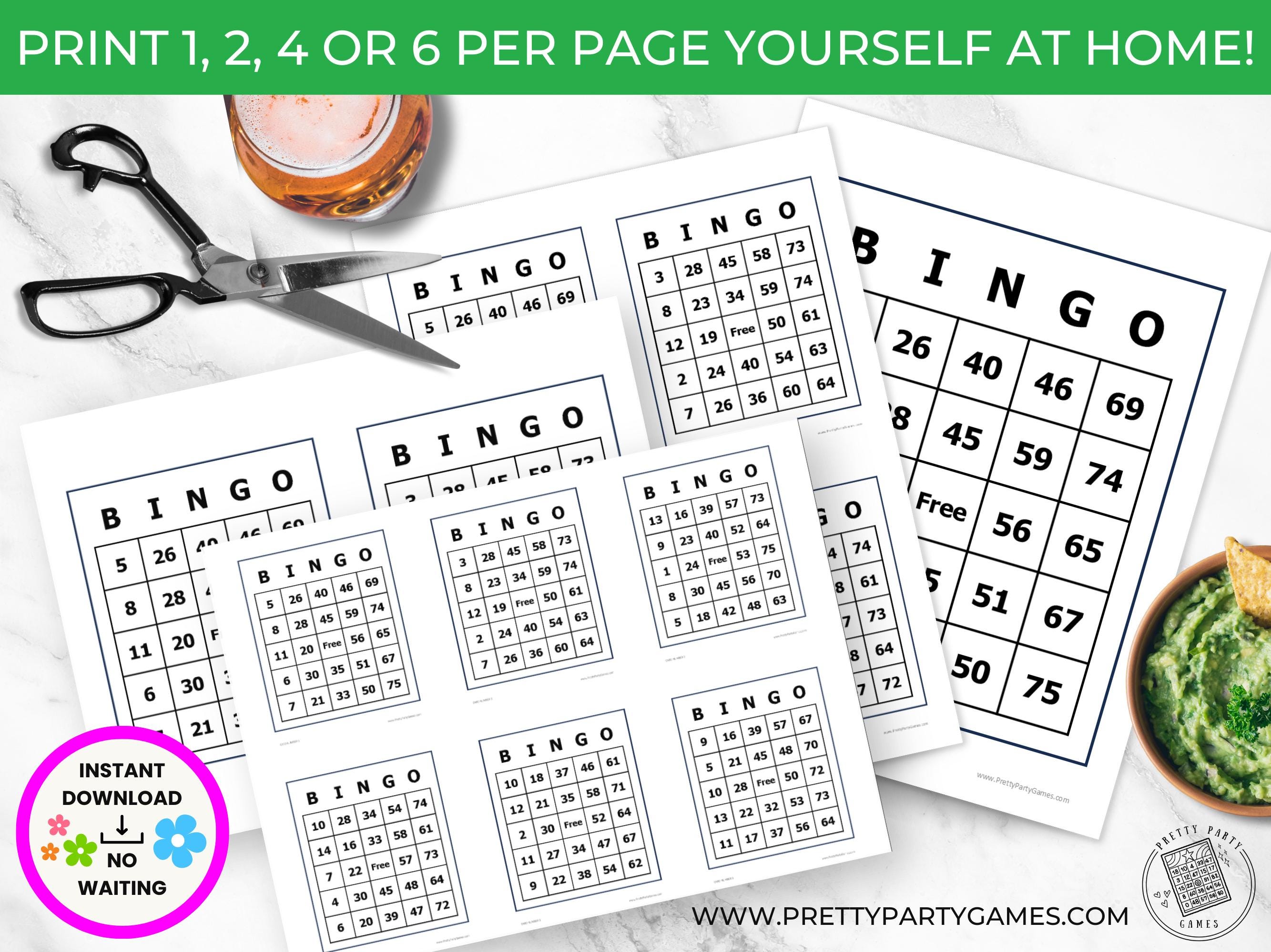 50 Classic Bingo Cards With Numbers 1-75, 4 Sizes: 1, 2, 4 or 6 per ...