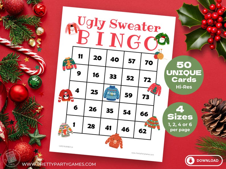 50 Ugly Christmas Sweater Bingo Cards With Numbers, Fun Ugly Christmas ...