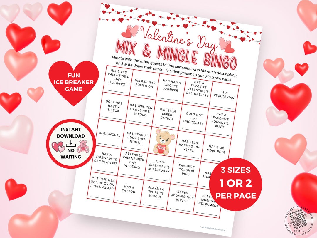 Valentines Day Mix & Mingle Bingo, Fun Valentines Party Games ...