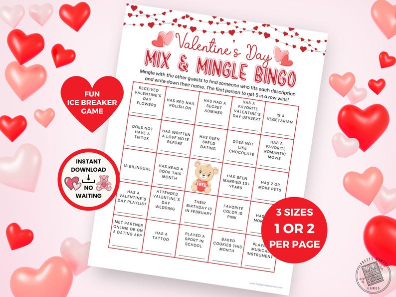 Valentines Day Mix & Mingle Bingo, Fun Valentines Party Games ...