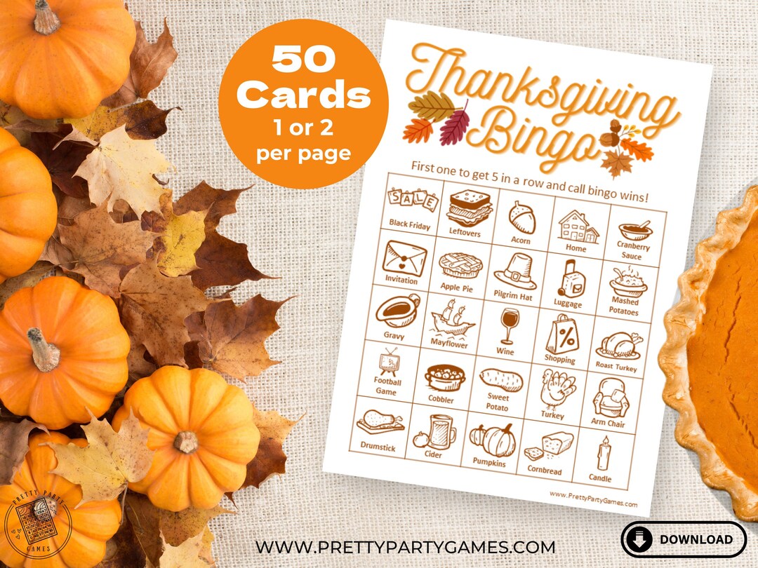 Thanksgiving Bingo Game for Adults & Kids, 50 Printable Bingo Cards ...