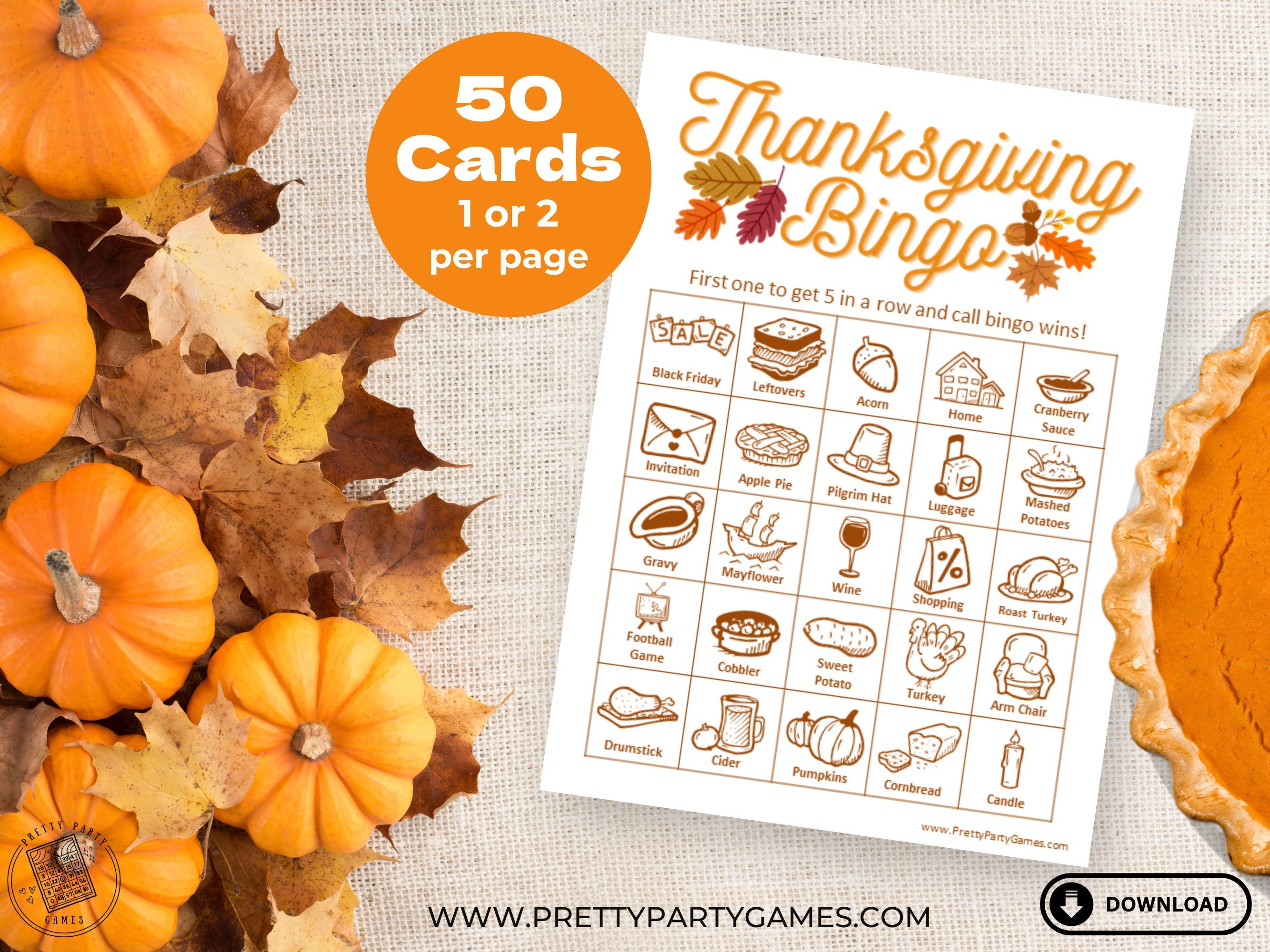 Thanksgiving Bingo Game for Adults & Kids, 50 Printable Bingo Cards ...