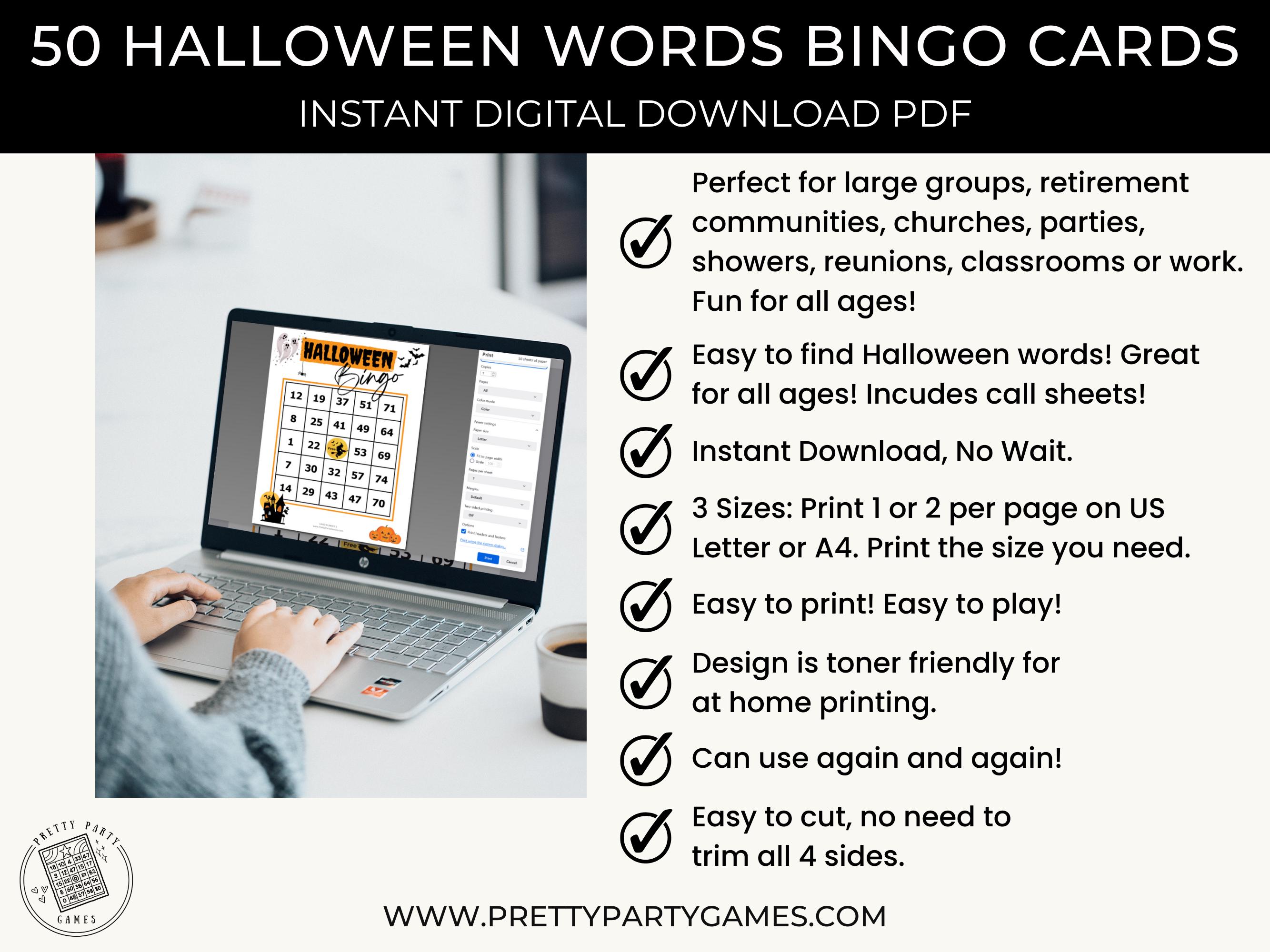 50 Halloween Themed Bingo Cards, Cute Bingo Game for Kids, Classroom ...