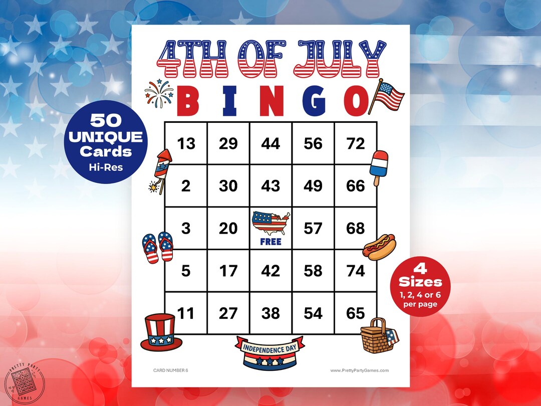 50 July 4th Bingo Cards, Independence Day Party Games for Groups ...