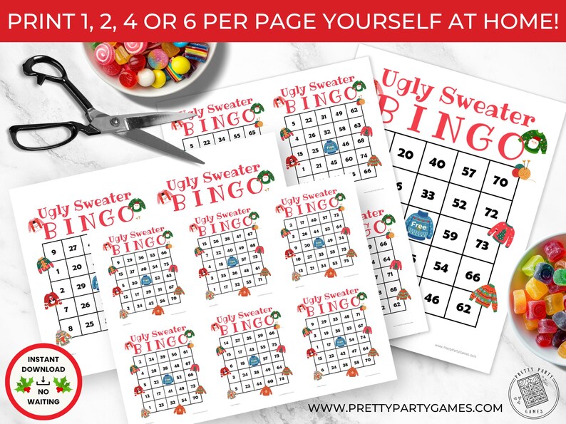 50 Ugly Christmas Sweater Bingo Cards With Numbers, Fun Ugly Christmas ...