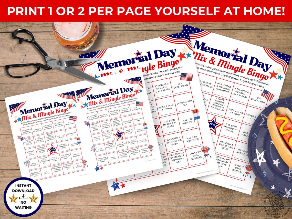 Memorial Day Mix & Mingle Bingo, Printable Party Games for Groups ...