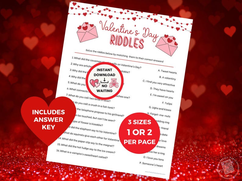 Valentines Day Riddles for Kids Printable, Valentine Class Game, Fun ...