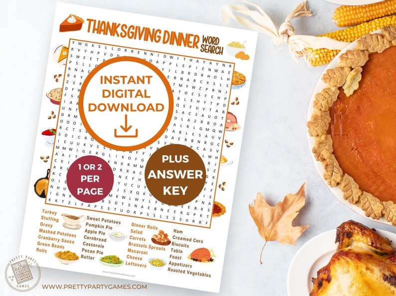 Thanksgiving Word Search Printable Game & Solution, Thanksgiving Dinner ...