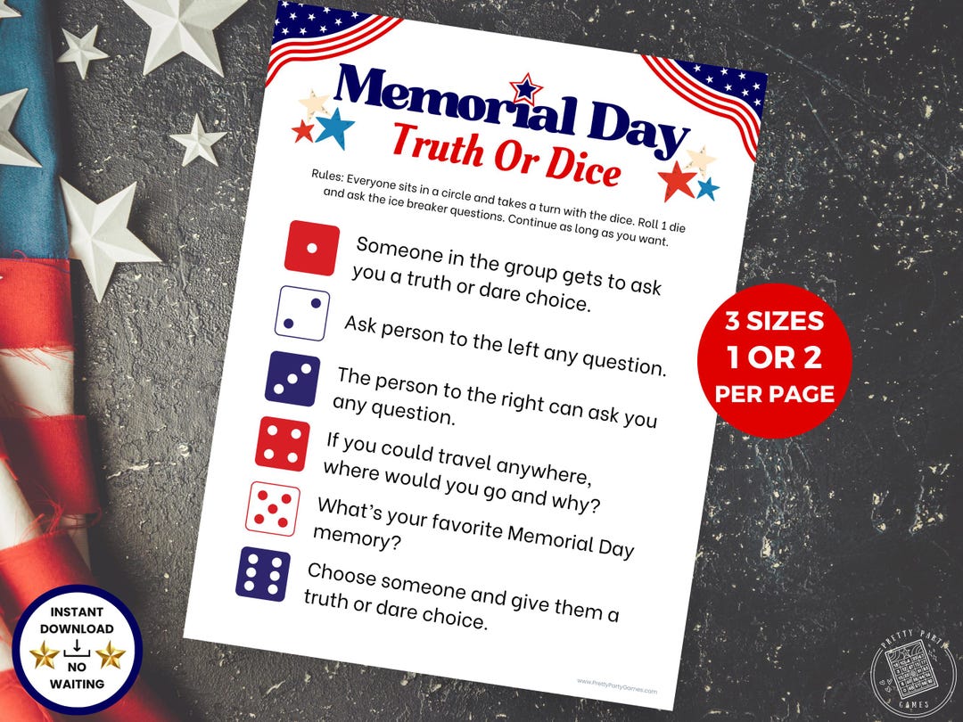 Memorial Day Truth or Dice Game, Printable Party Games for Teens ...