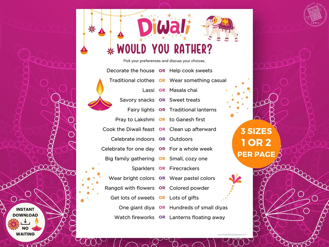 Diwali Would You Rather Printable, Cute This or That Game, Festival of ...