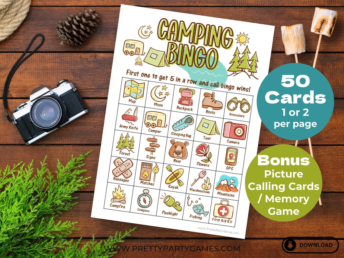 50 Camping Bingo Cards, Bingo Game Printable, Summer Camping Trip Activities for Kids, Girl Boy ...