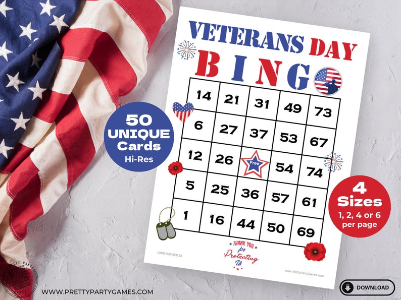 50 Veterans Day Bingo Cards With Numbers, Veterans Day Games for ...