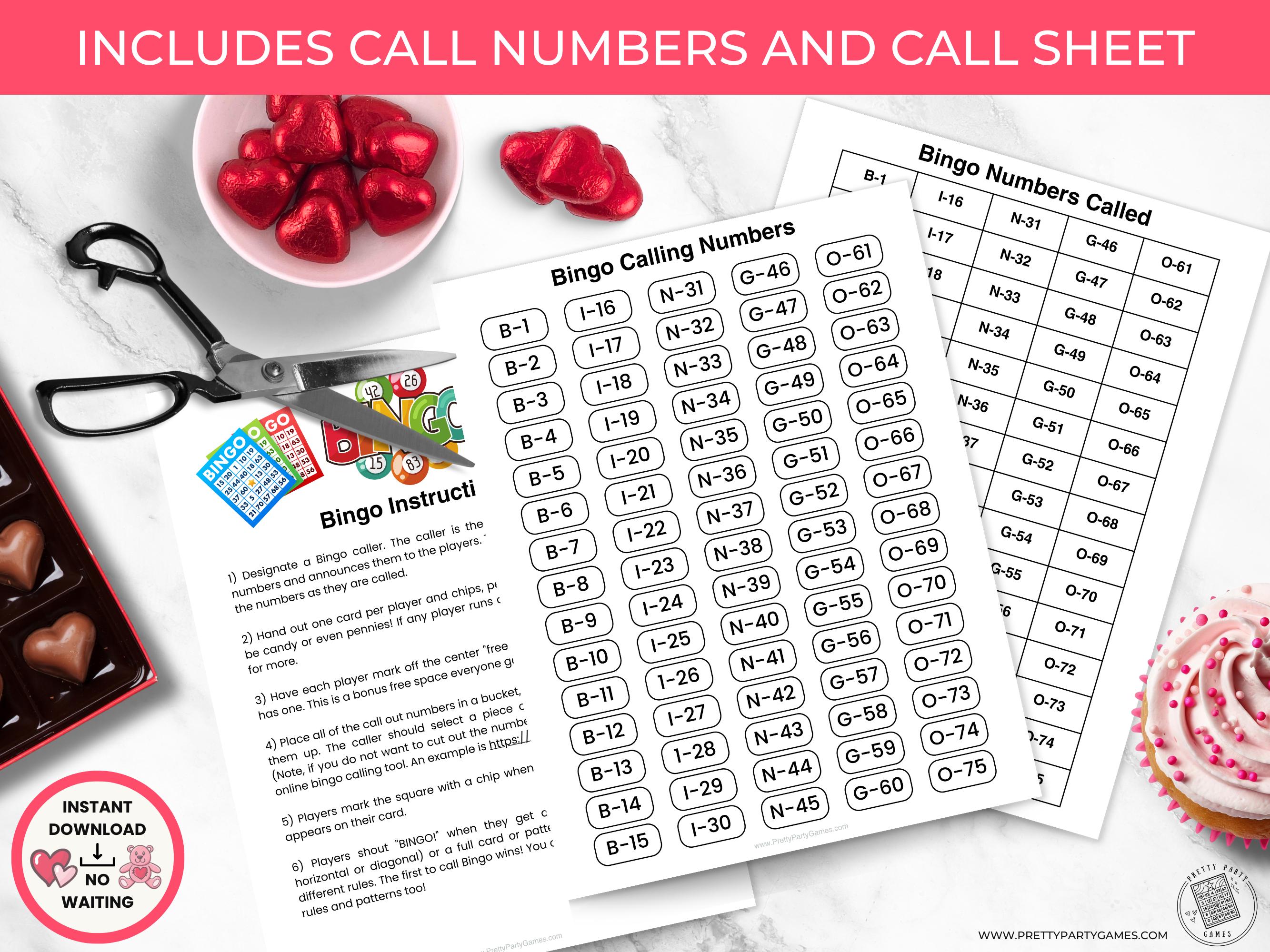 50 Printable Valentines Day Bingo Cards With Numbers, Classroom Holiday ...