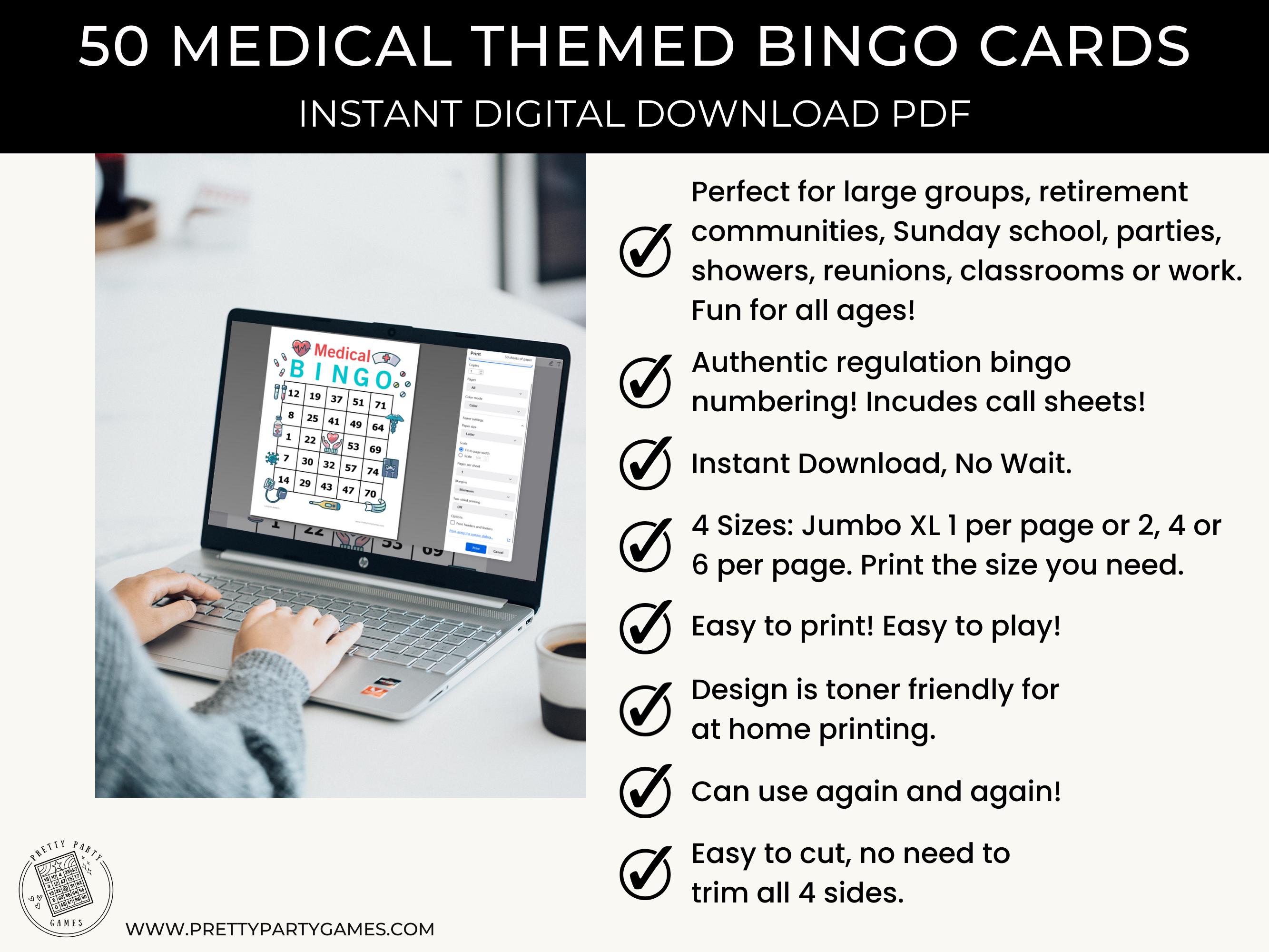 50 Printable Medical Bingo Cards With Numbers, Health Bingo for Nurse ...