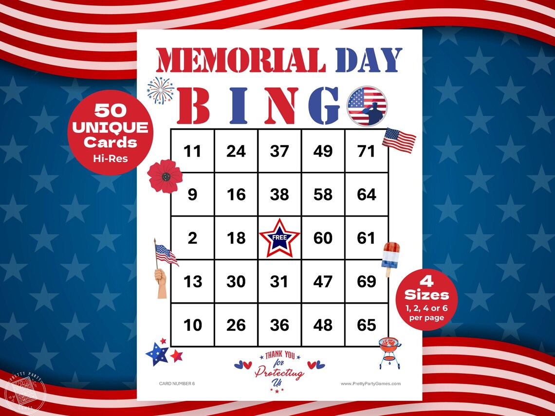 50 Memorial Day Bingo Cards for Social Events, Patriotic Printable ...