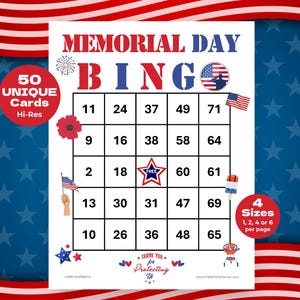50 Memorial Day Bingo Cards for Social Events, Patriotic Printable ...