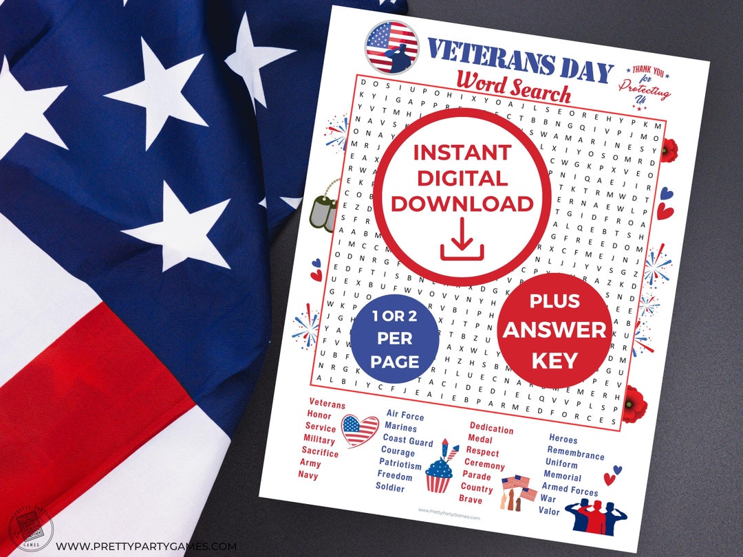 Veterans Day Word Search Puzzle and Solution, Printable Party Games for ...