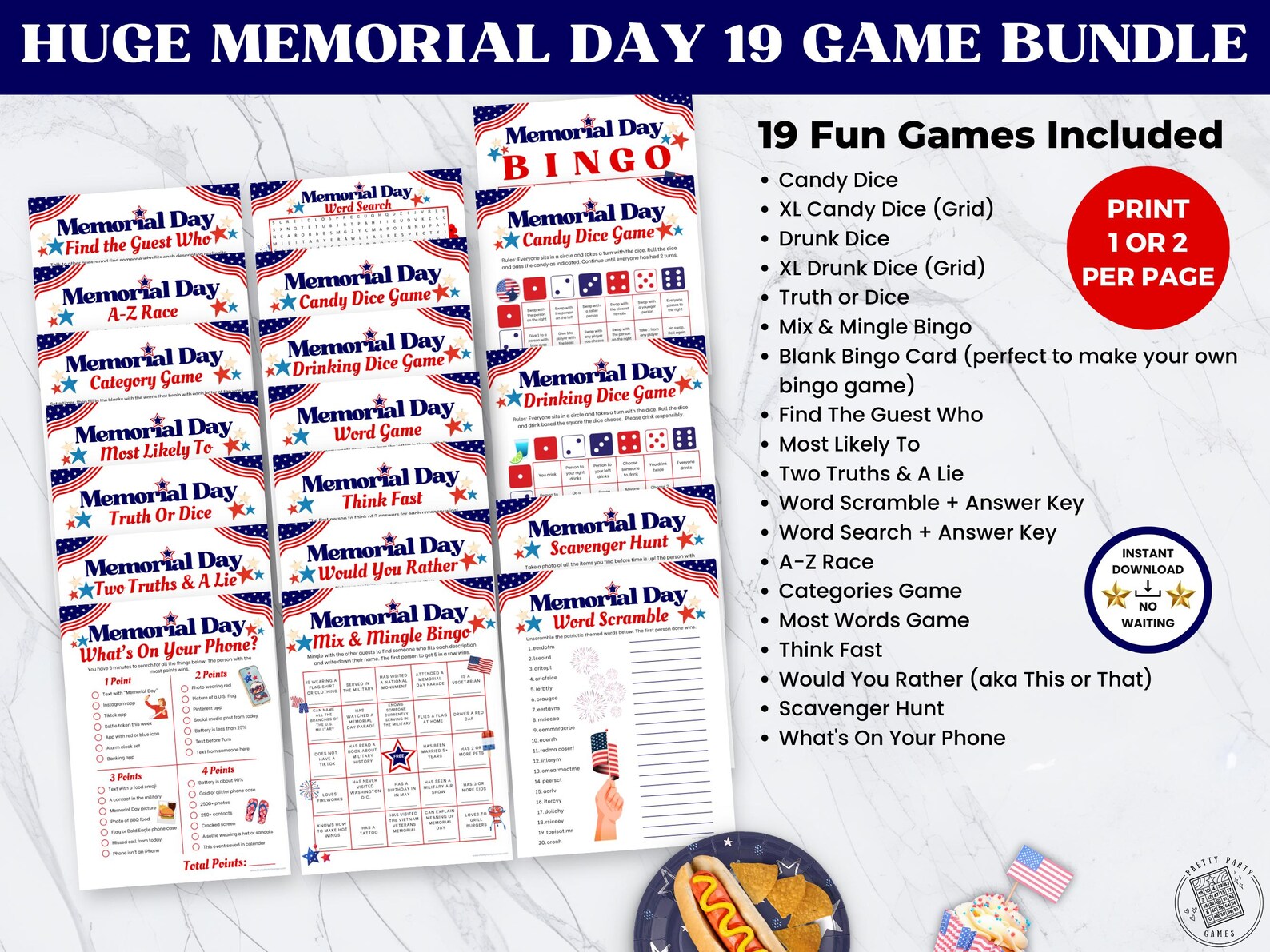 Memorial Day Game Bundle for Adults & Kids, 19 Printable Party Games ...