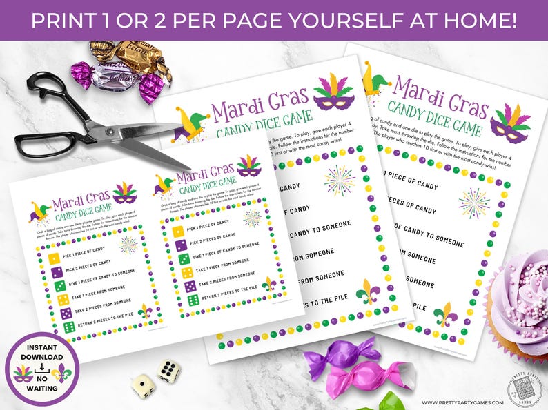 Mardi Gras Candy Dice Game Printable, Mardi Gras Party Games for Kids ...