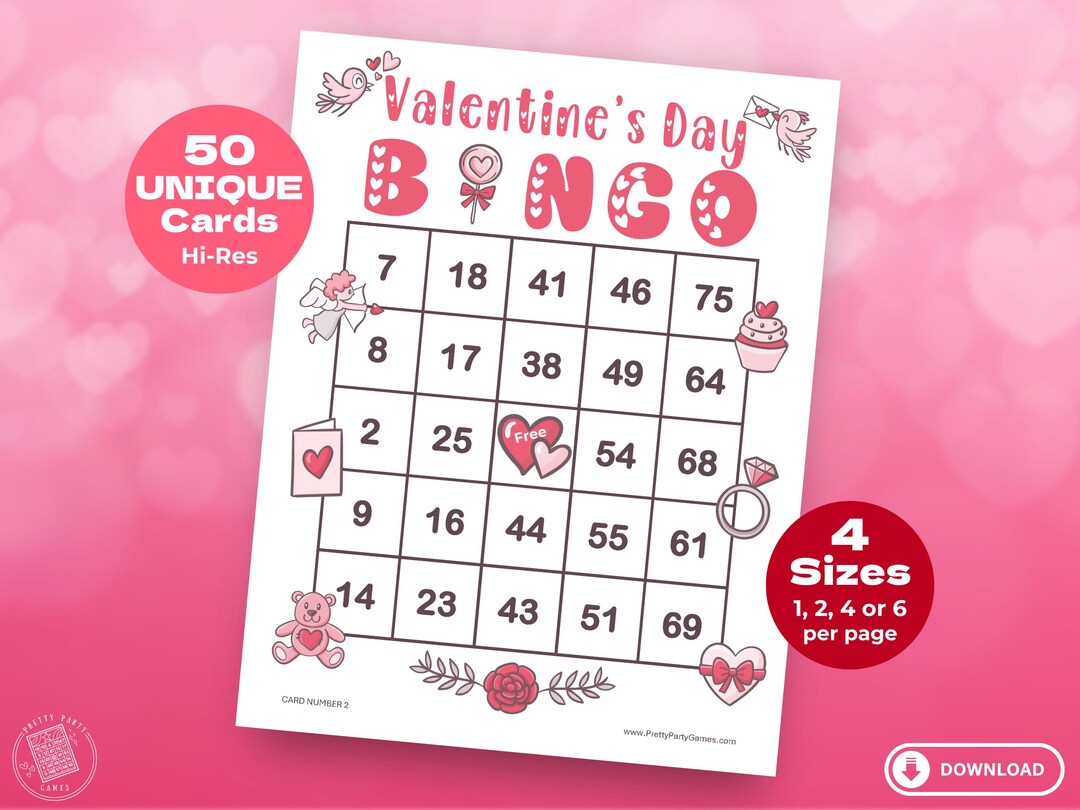 50 Printable Valentines Day Bingo Cards With Numbers, Classroom Holiday ...