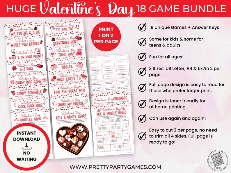 18 Printable Valentines Day Games Bundle, Great for Classroom Work ...
