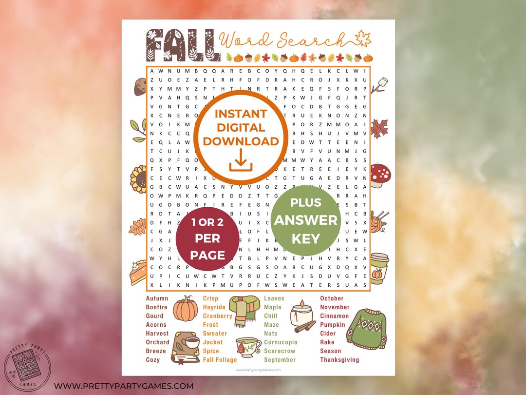 Fall Word Search Printable + Answer Key, Autumn Theme Wordsearch Puzzle ...