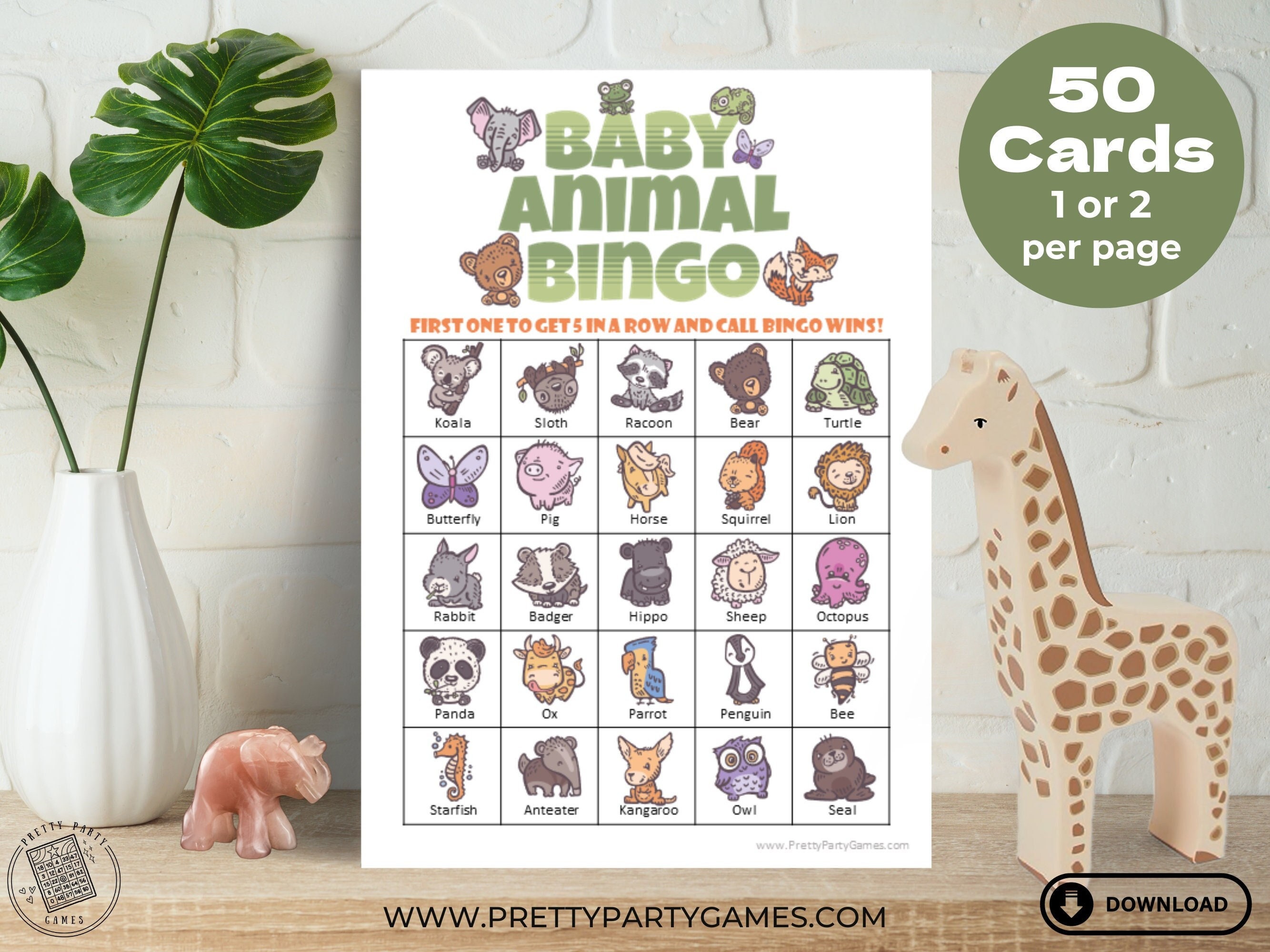 Cute Baby Zoo Animal Bingo Game, 50 Unique Bingo Cards for Kids, Fun ...