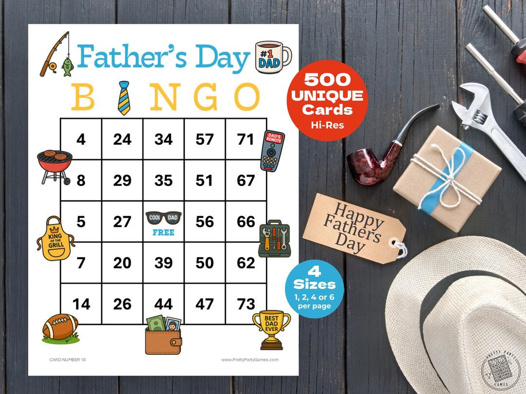 Fathers Day Bingo Game, 500 Printable Bingo Cards W/ Numbers, BBQ Party ...