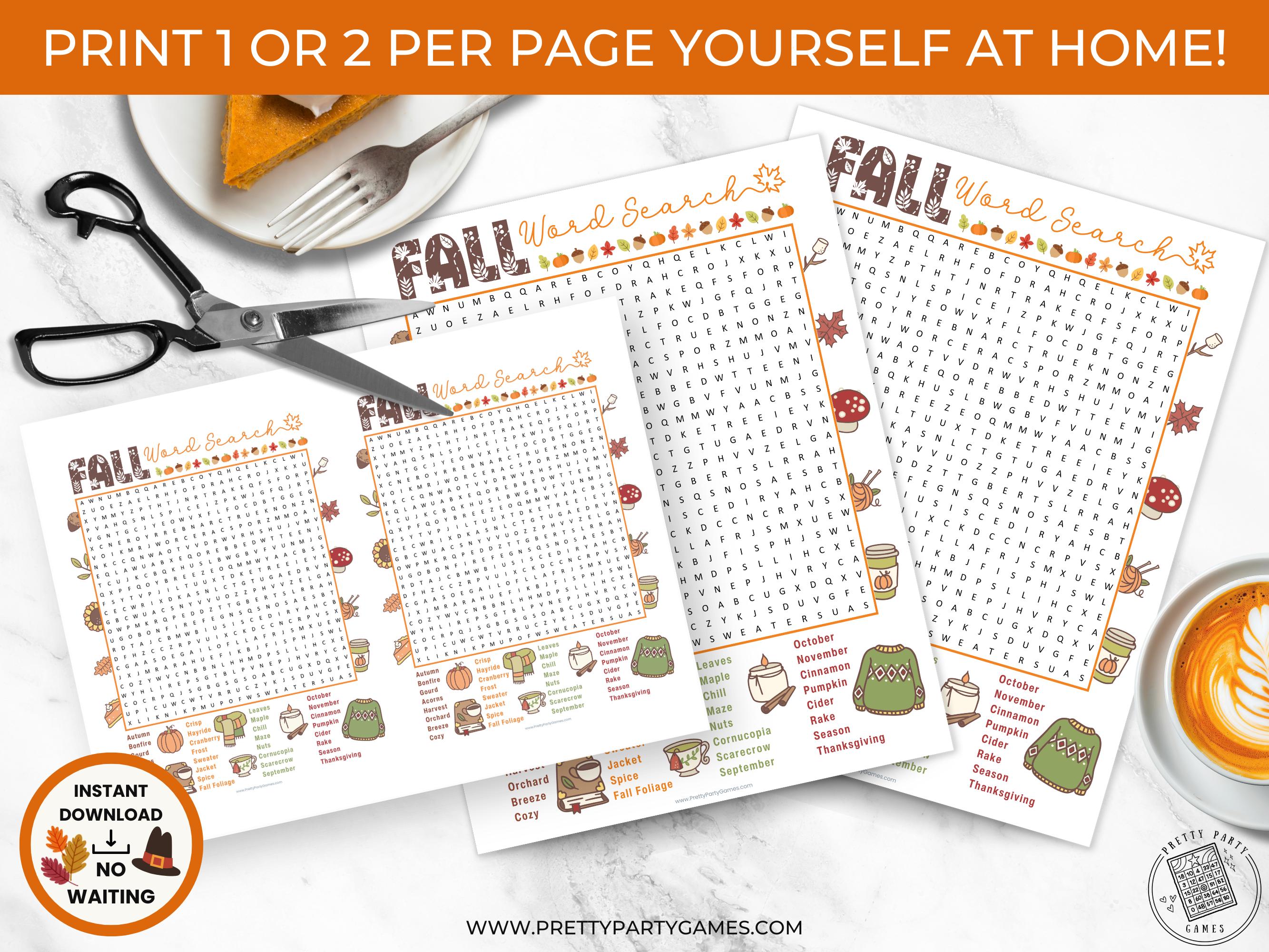 Fall Word Search Printable + Answer Key, Autumn Theme Wordsearch Puzzle ...