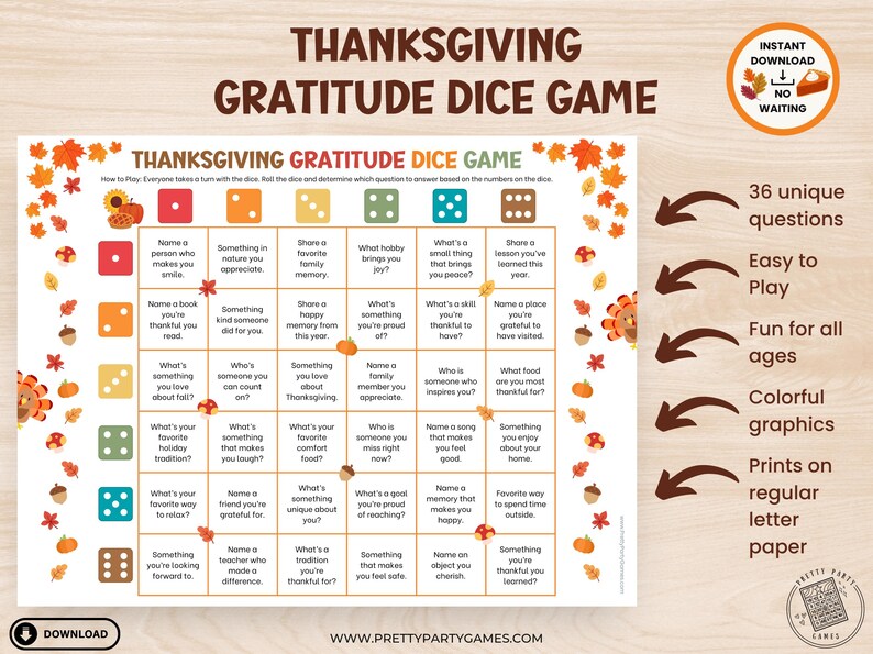Thanksgiving Gratitude Dice Game Printable, Holiday Dice Games for Kids ...