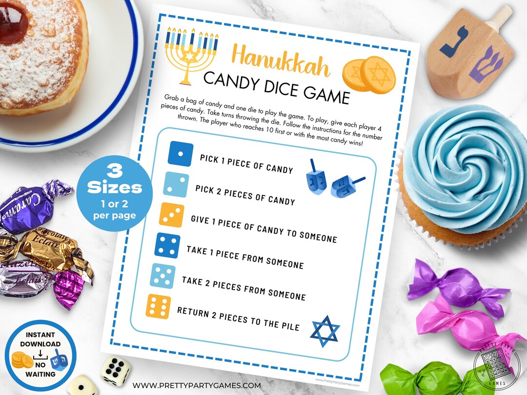 Hanukkah Candy Dice Game Printable, Roll the Dice Holiday Party Game ...