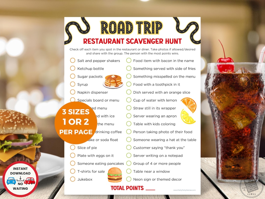 Restaurant Scavenger Hunt, Diner Road Trip Scavenger Hunt for Kids ...
