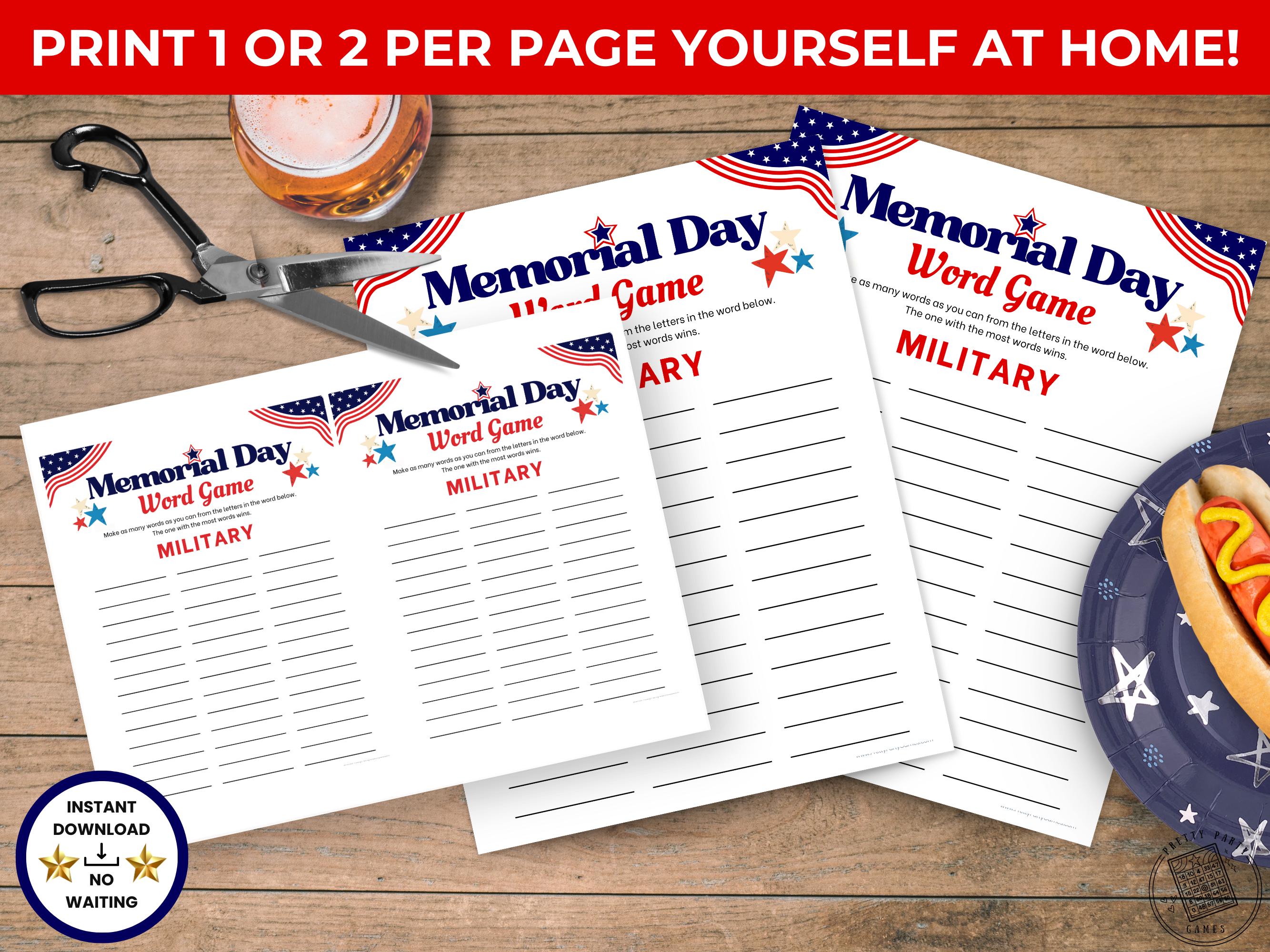 Memorial Day Most Words Game, Printable Memorial Day Party Games, Word ...