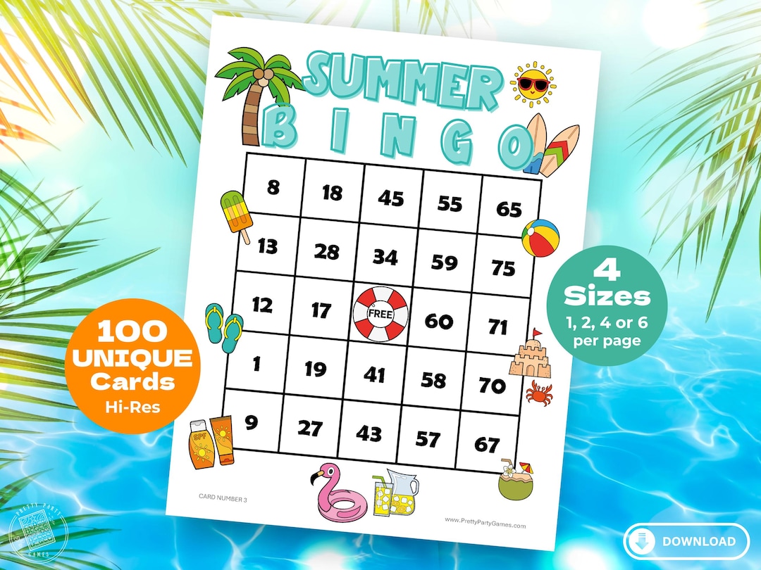 100 Summer Bingo Cards With Numbers, Printable Beach Bingo Cards for ...