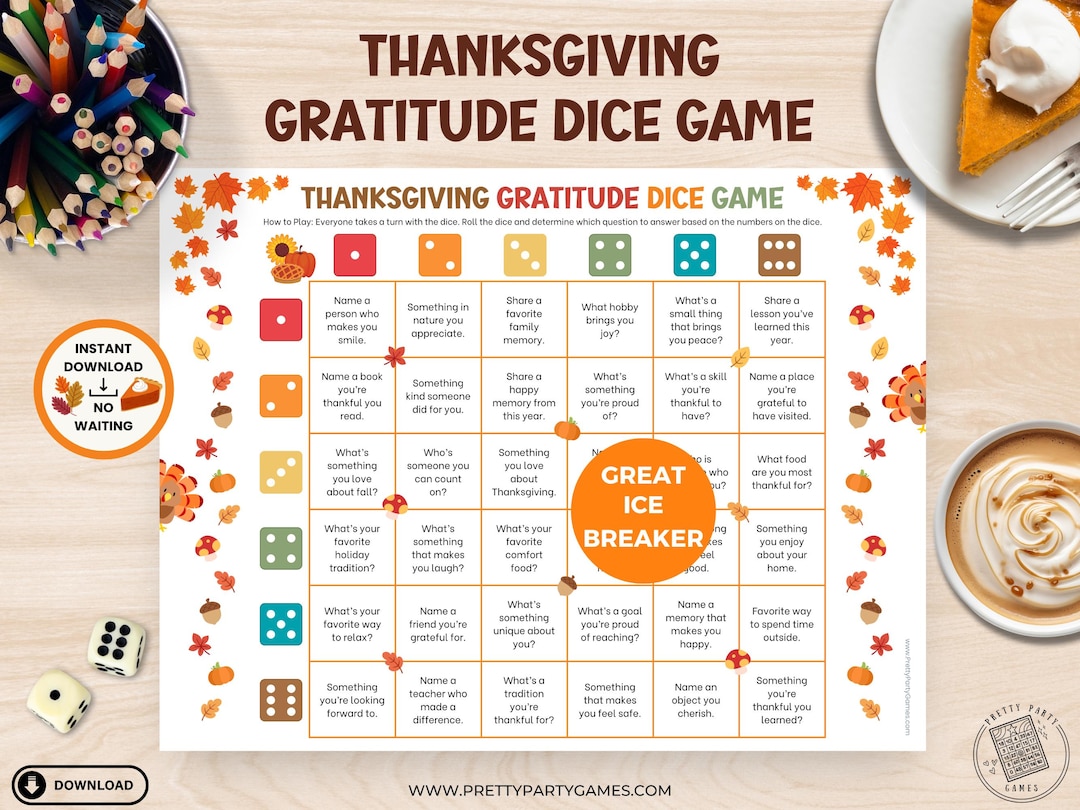 Thanksgiving Gratitude Dice Game Printable, Holiday Dice Games for Kids ...