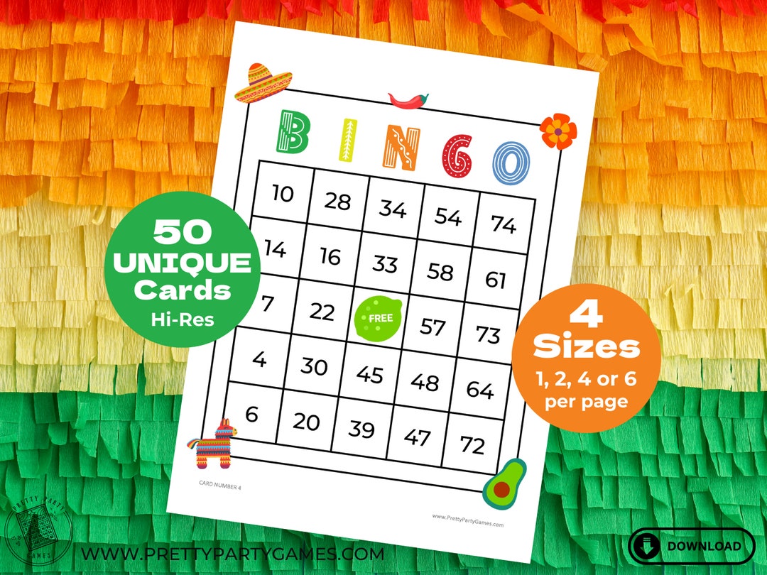 50 Fiesta Bingo Cards, Mexican Fiesta Printable Party Games, Cinco De ...