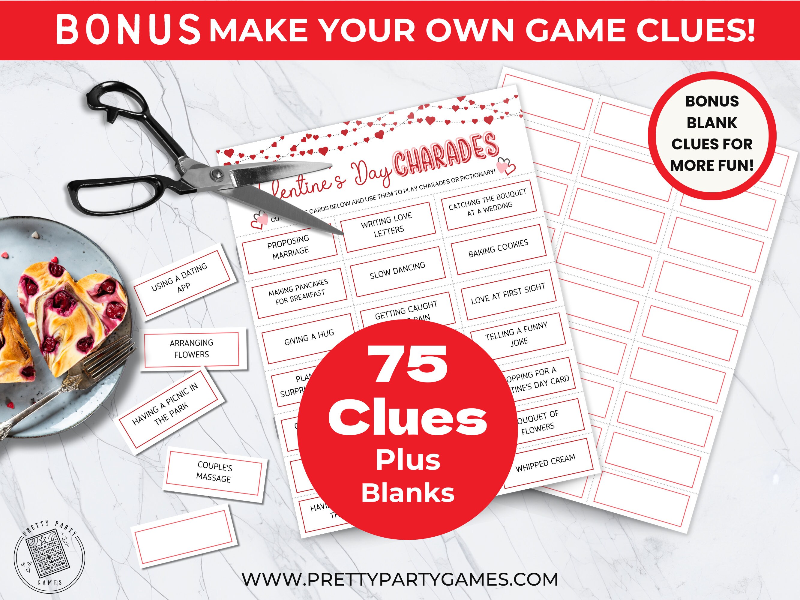 Valentines Day Printable Charades Cards, 75 Charades Words Blank Cards ...