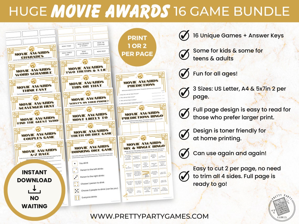 16 Movie Awards Party Games Bundle, Movie Theme Games for Awards Night ...