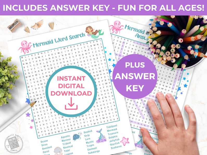 Mermaid Word Search Printable for Kids & Adults Answer Key, Mermaid ...